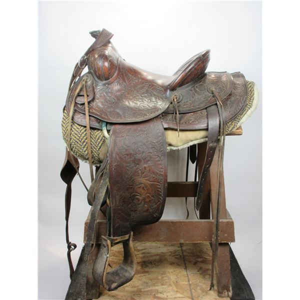 Marked Ray Holes Grangeville ID Leaf Carved Saddle- 13.5" Seat- Rough ...