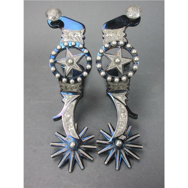 Marked Garcia Elko Nev 11739 Silver Inlaid Spurs- Elko Star Pattern- 1. ...