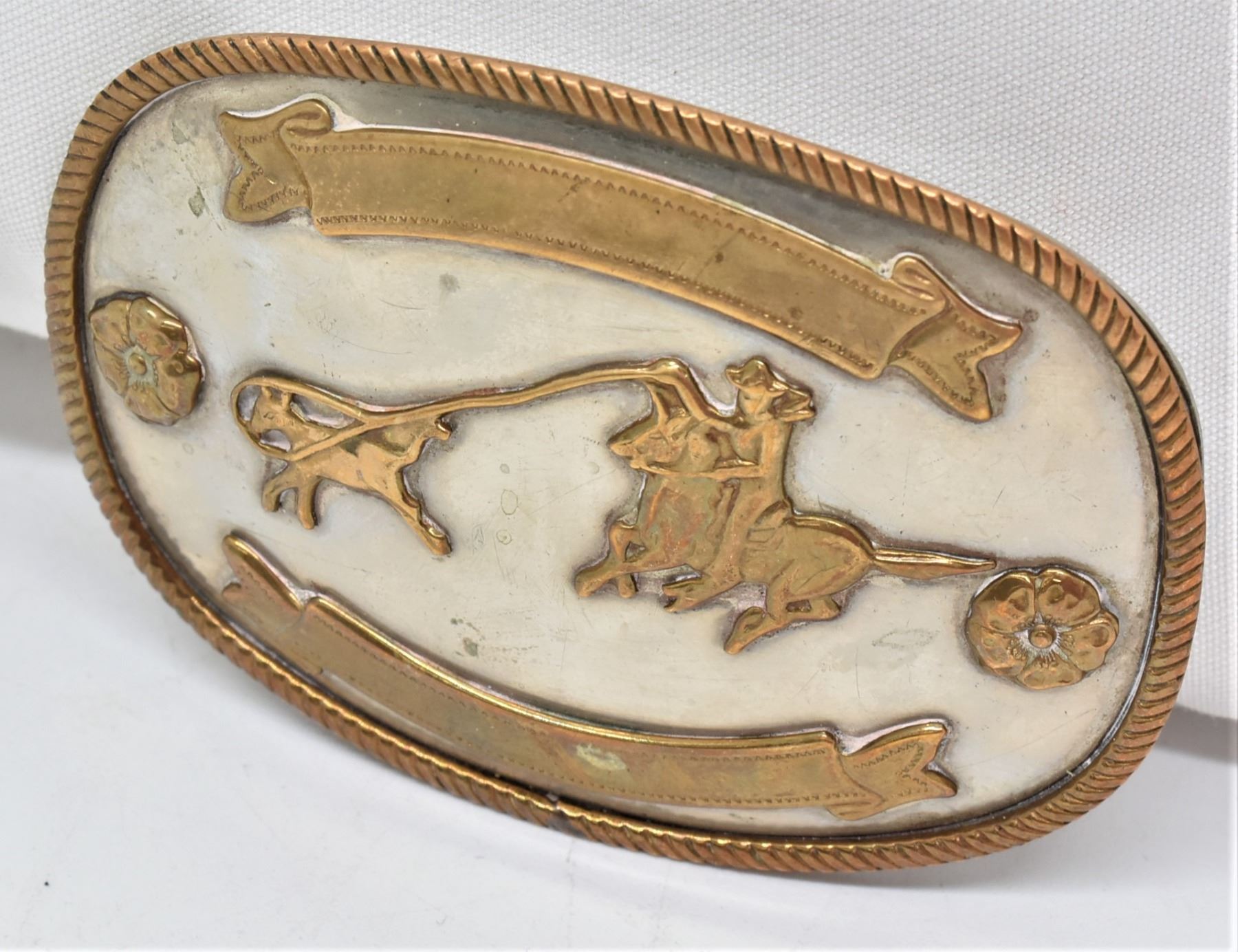 Vintage Nickel Silver Cowboy Roping Belt Buckle