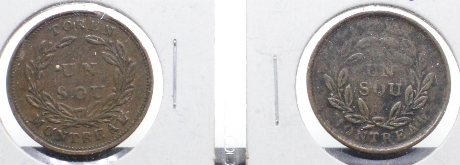 LOT OF 2 MONTREAL UN SOU COINS