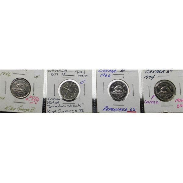 4) CANADA 5 CENT ERROR COINS: 1946, 1951, 1966, 1974