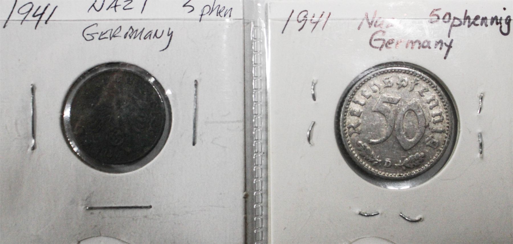 NAZI GERMANY 1944 5 PHENNIG & 1941 50 PHENNIG COINS