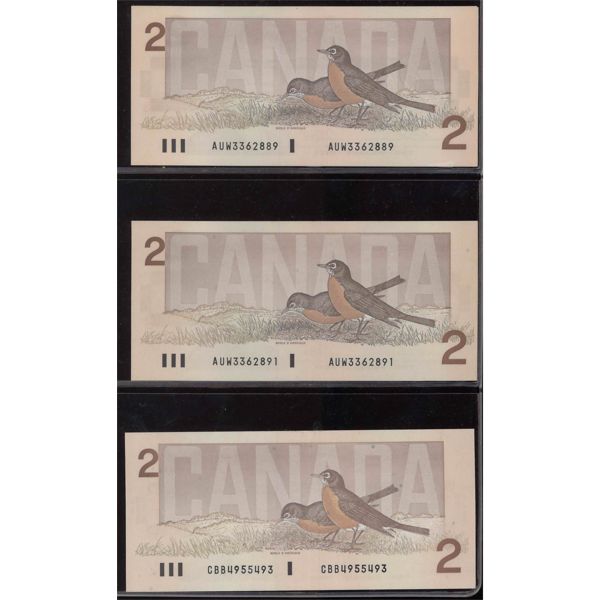 3) 1986 CANADA BIRD SERIES $2 BANKNOTES