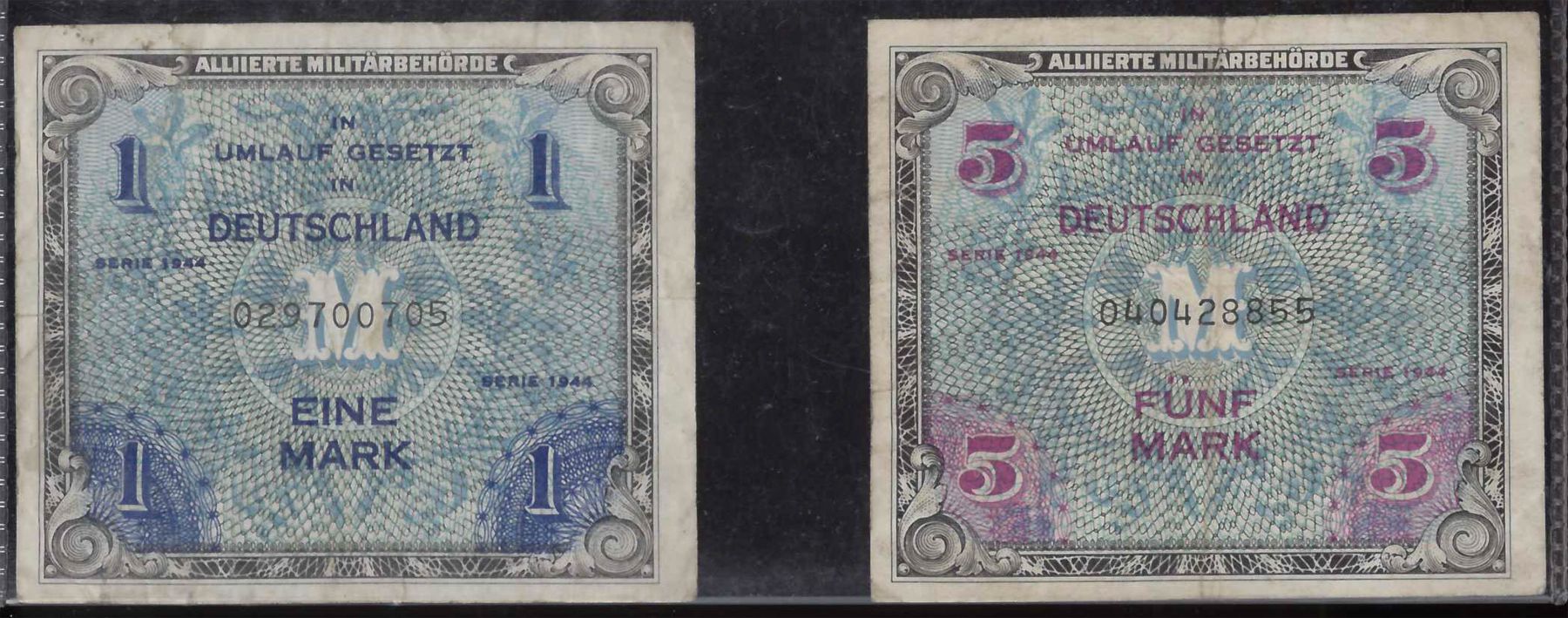 GERMANY 1944 ONE MARK & 1944 5 MARK NOTES