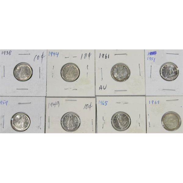 8 CANADA SILVER 10 CENT COINS 1938 1967 MACKEREL CENT.