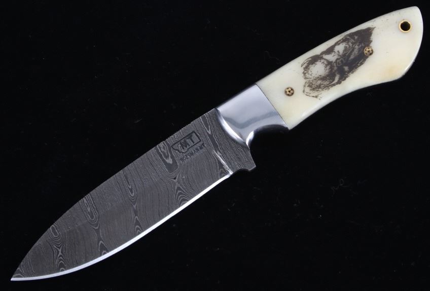 Montana Territory Buffalo Scrimshaw Damascus Knife