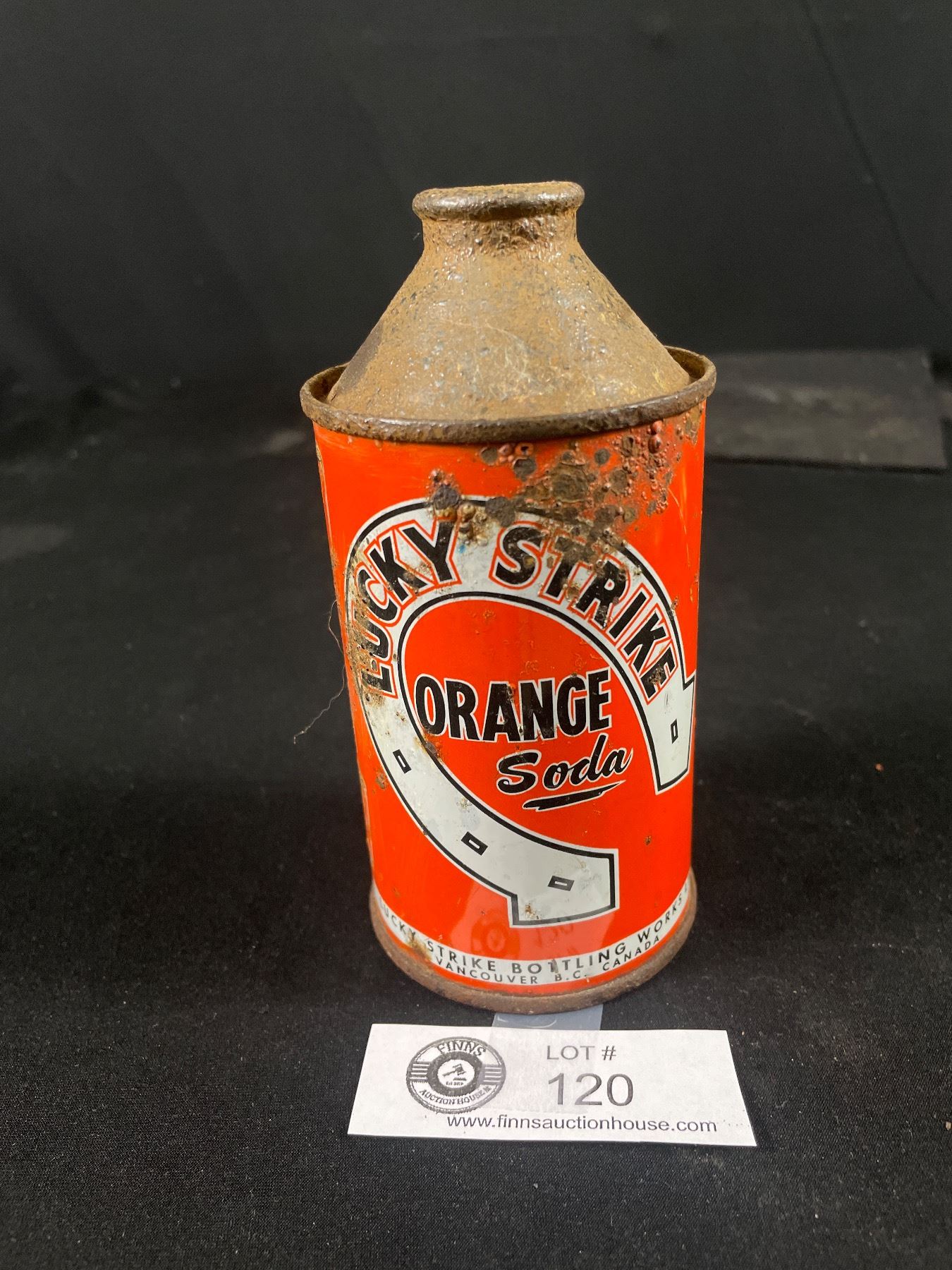 Vintage Cone Top Lucky Strike Orange Soda Tin, Vancouver BC