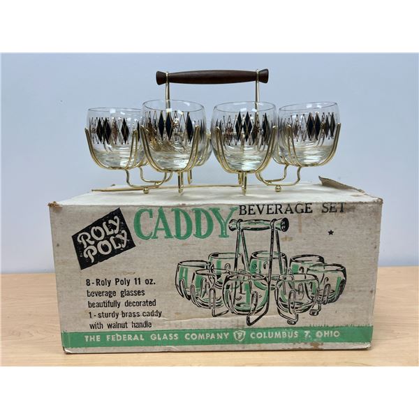 Mid Century Federal Glass Roly Poly Glass Set w/caddy & Original Box
