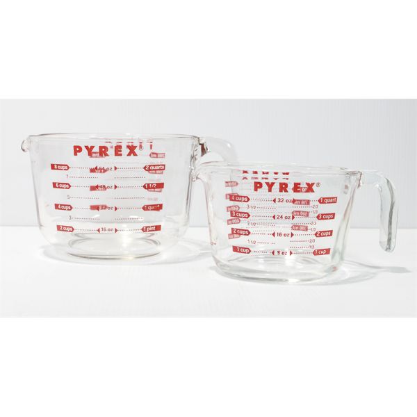 2 VINTAGE PYREX MEASURING CUPS, 1 & 2 QUART