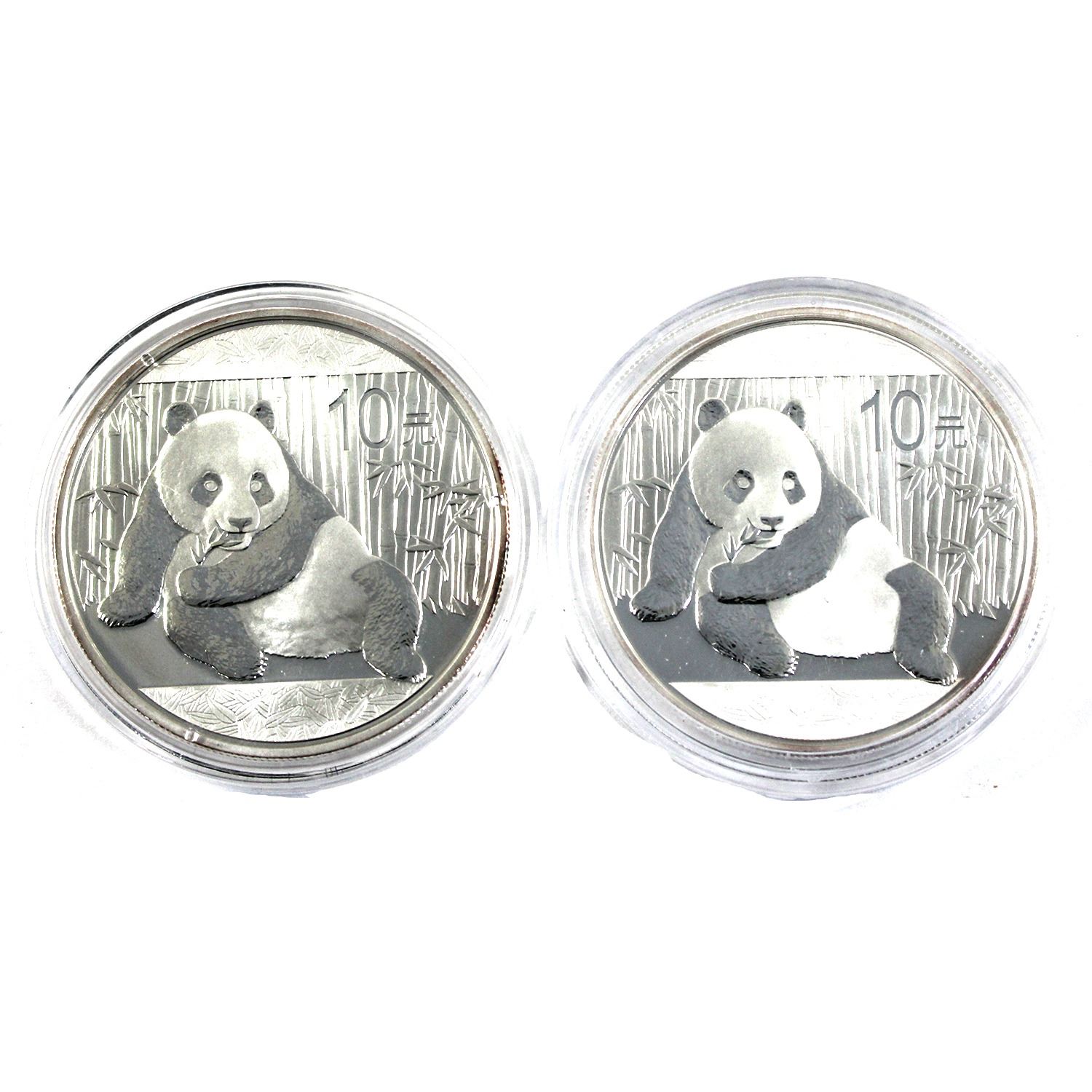 2x 1oz China 2015 10 Yuan Panda .999 Silver Coins. Lightly toned. 2pcs ...