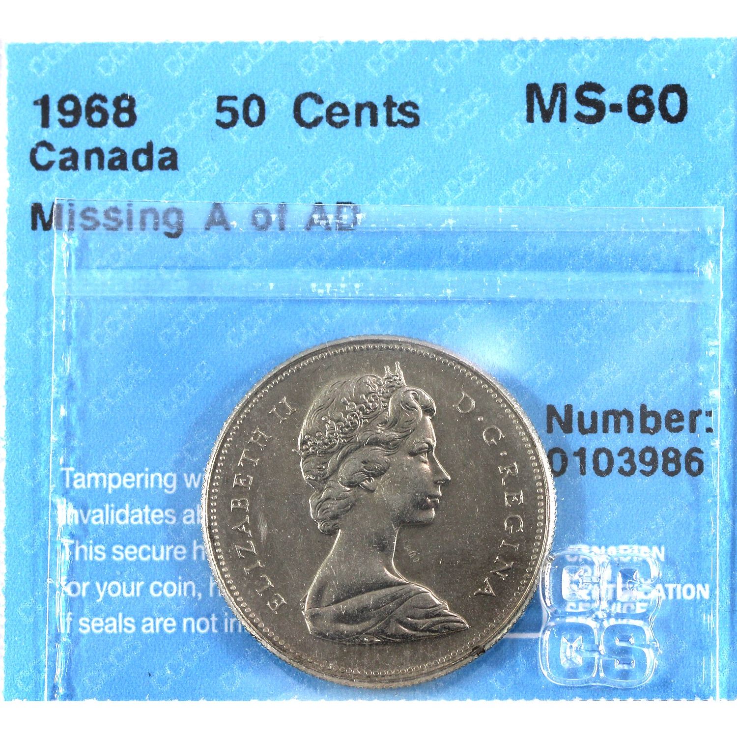 1968 Canada 50-cent Missing A of AD CCCS MS60