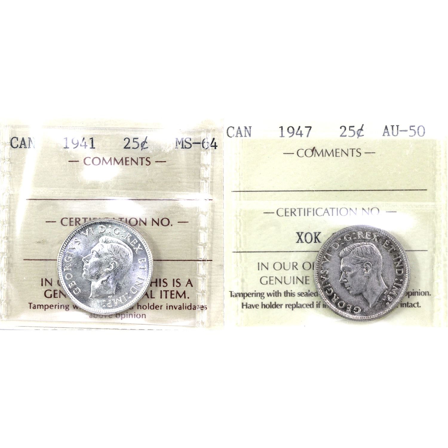 25-cent 1941 MS64 & 1947 AU50 ICCS Certified. 2pcs.