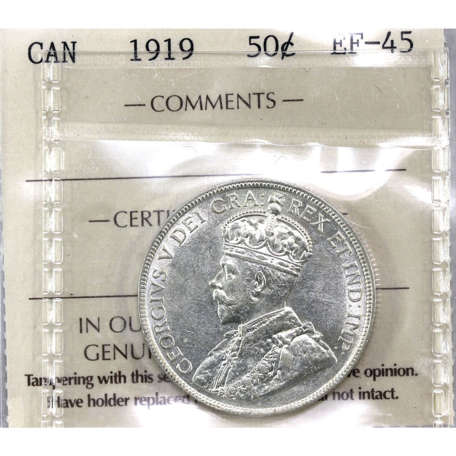 50-cent 1919 ICCS EF45. Bright Lustre with Soft Gold Overtones
