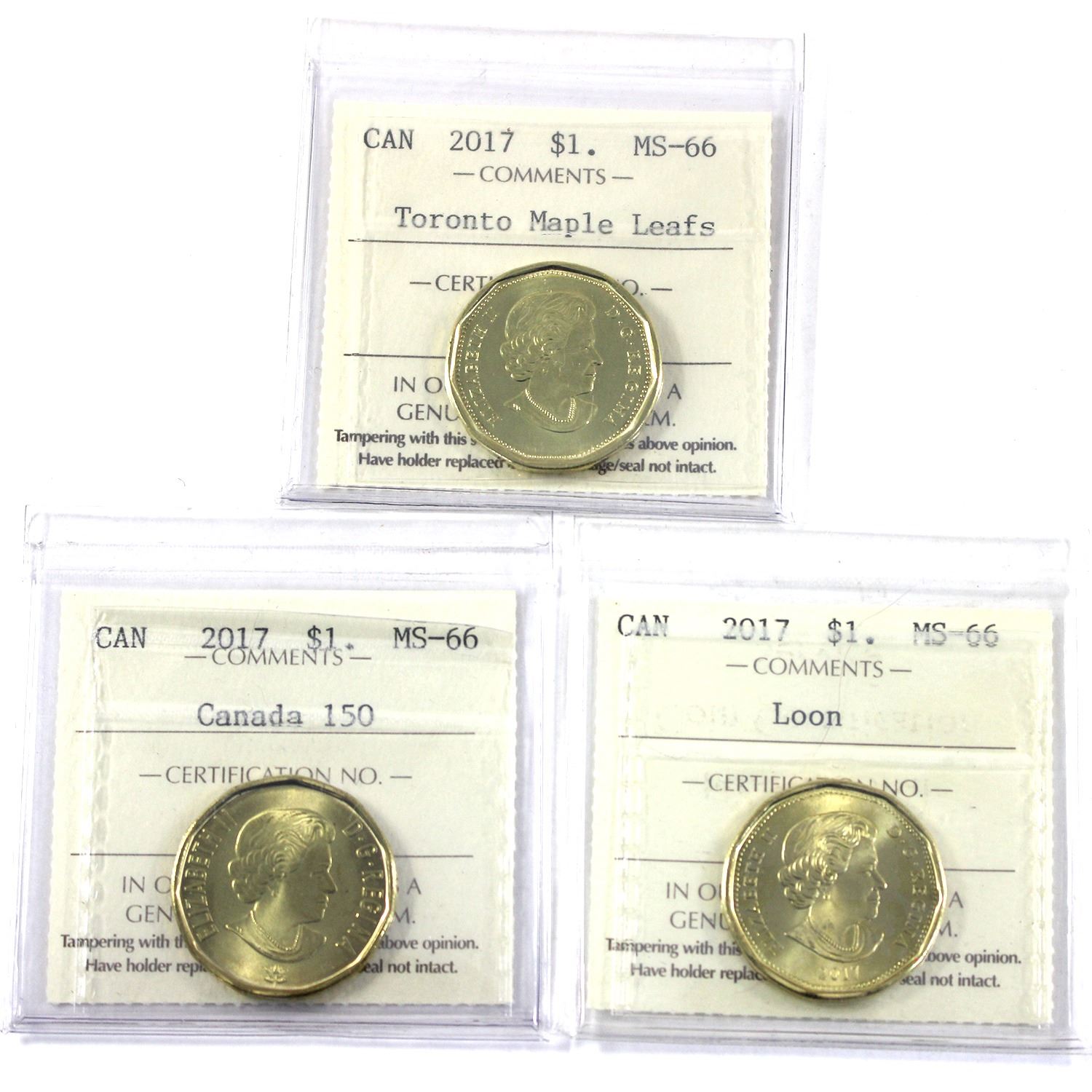 Loon $1 2017 Loon, Canada 150, & Toronto Maple Leafs ICCS MS66. 3pcs.