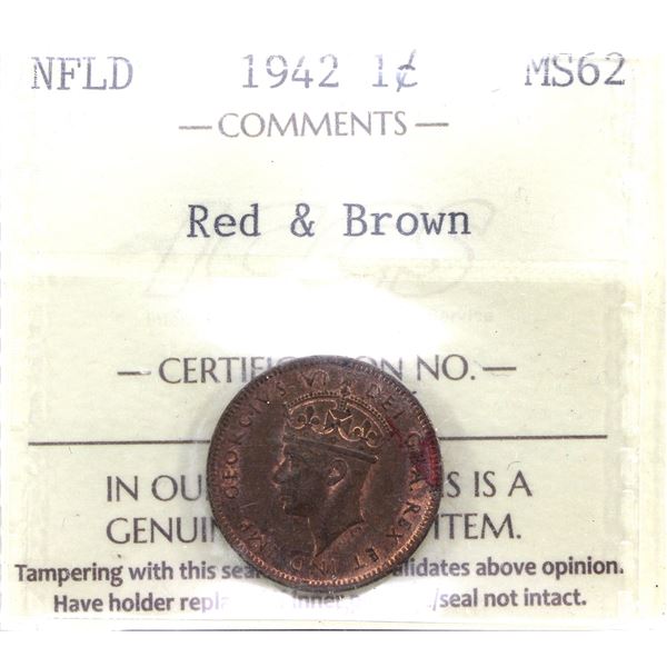 1942 Newfoundland 1-cent ICCS MS62 Red & Brown