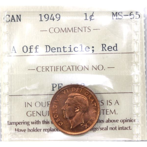 1-cent 1949 A Off Denticle ICCS MS65, Red