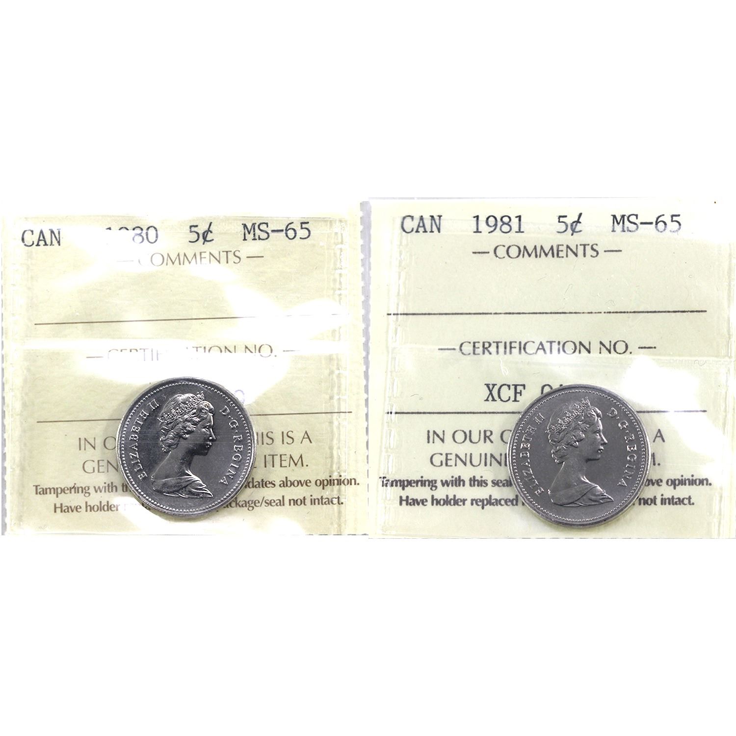 5-cent 1980 & 1981 ICCS MS65. 2pcs.