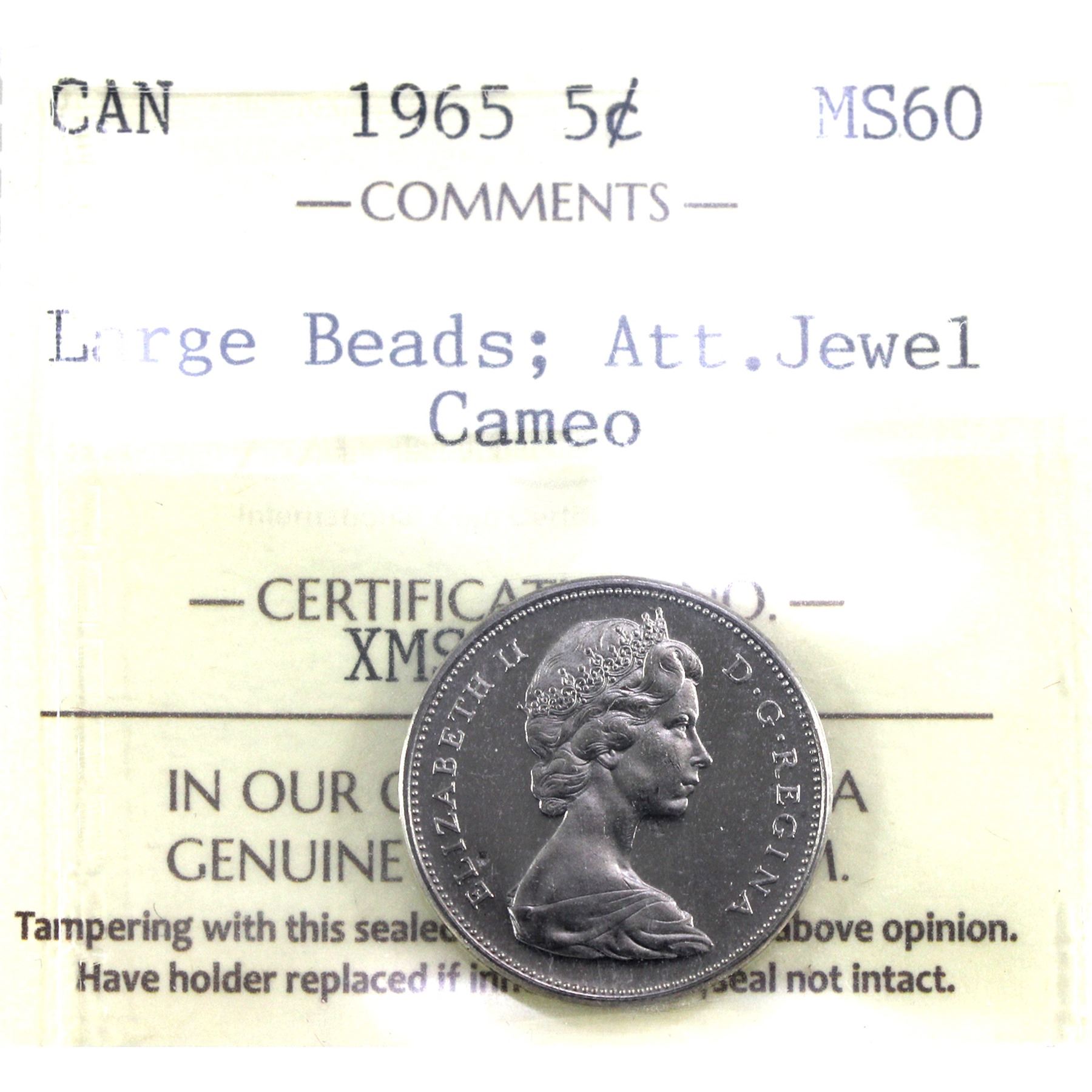 5-cent 1965 Attached Large Beads ICCS MS60 Cameo. Extremely scarce ...