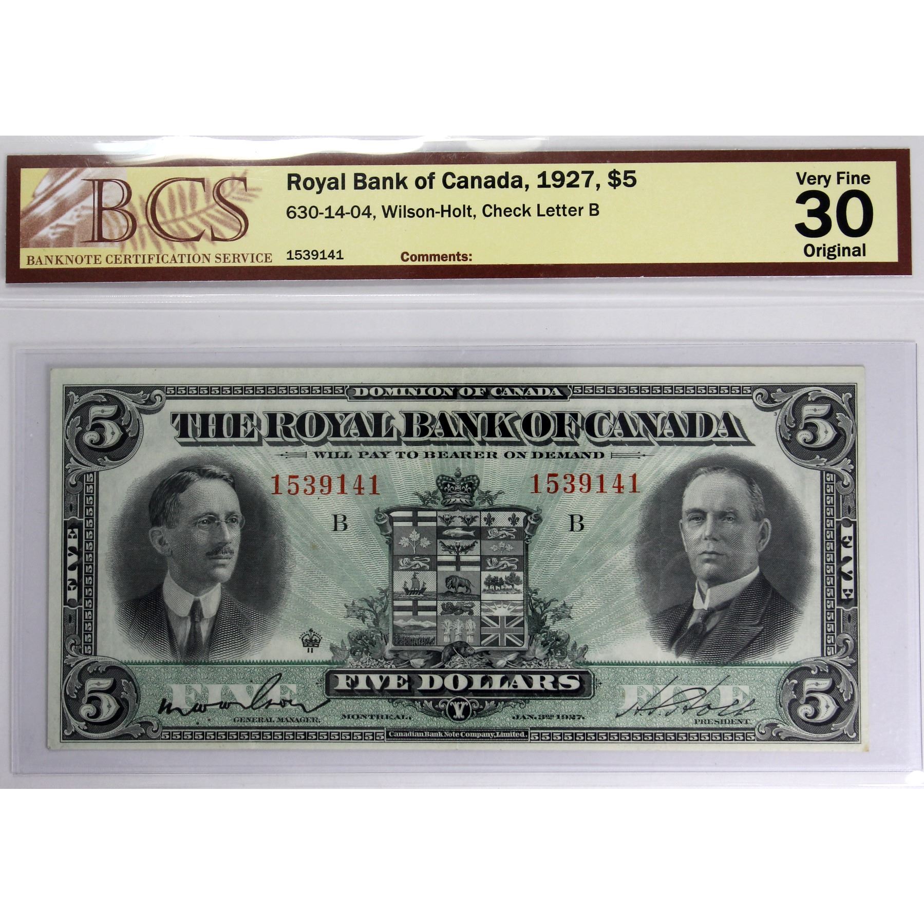 630-14-04 1927 $5 The Royal Bank of Canada BCS VF30 Original. Wilson ...