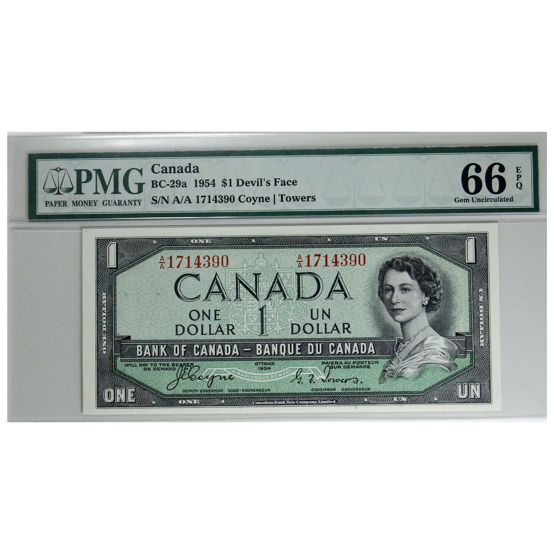 BC-29a 1954 $1 Devil's Face PMG GEM UNC66 EPQ Coyne-Towers S/N: A/A1714390