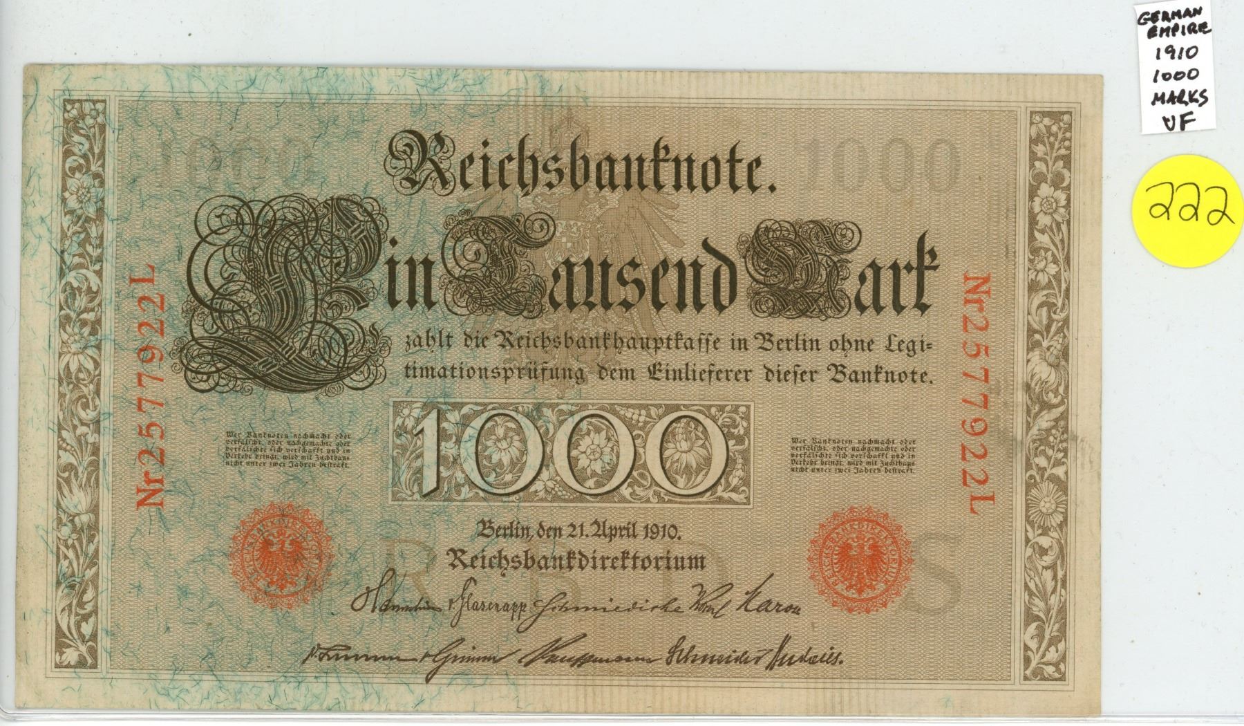 German Empire. 1910 1000 Marks. A high denomination note. VF. - Schmalz ...