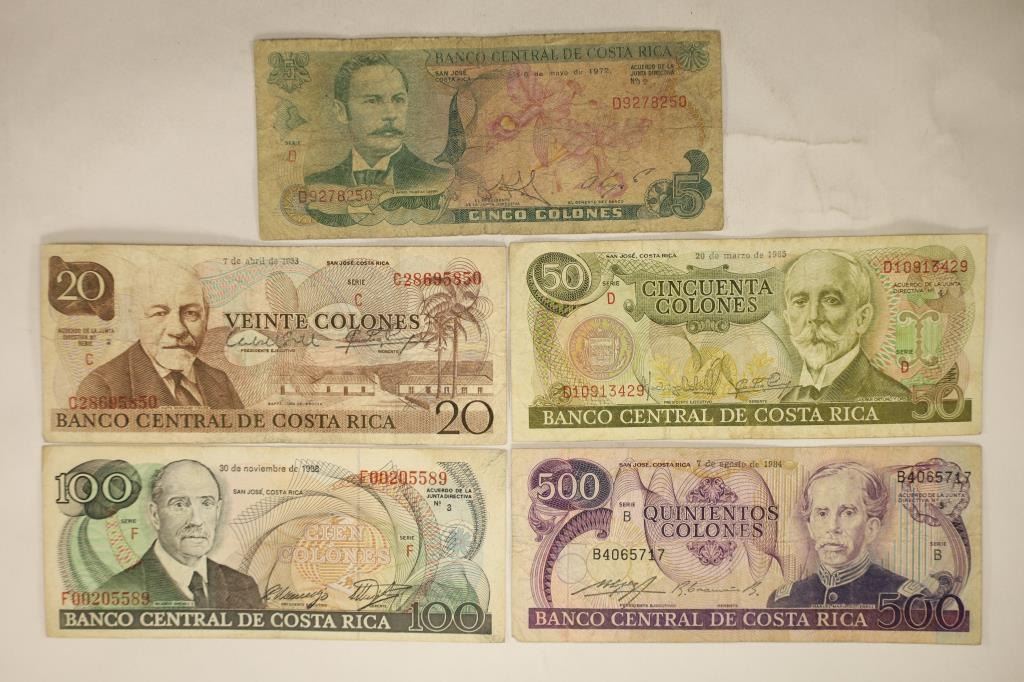 5 COSTA RICA BILLS. 5, 20, 50, 100, 500 COLONES