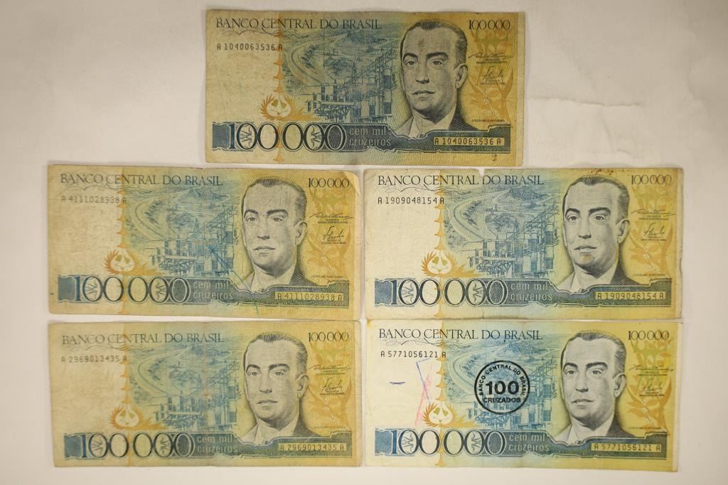 5 BANK OF BRAZIL 100,000 CRUZEIROS BILLS