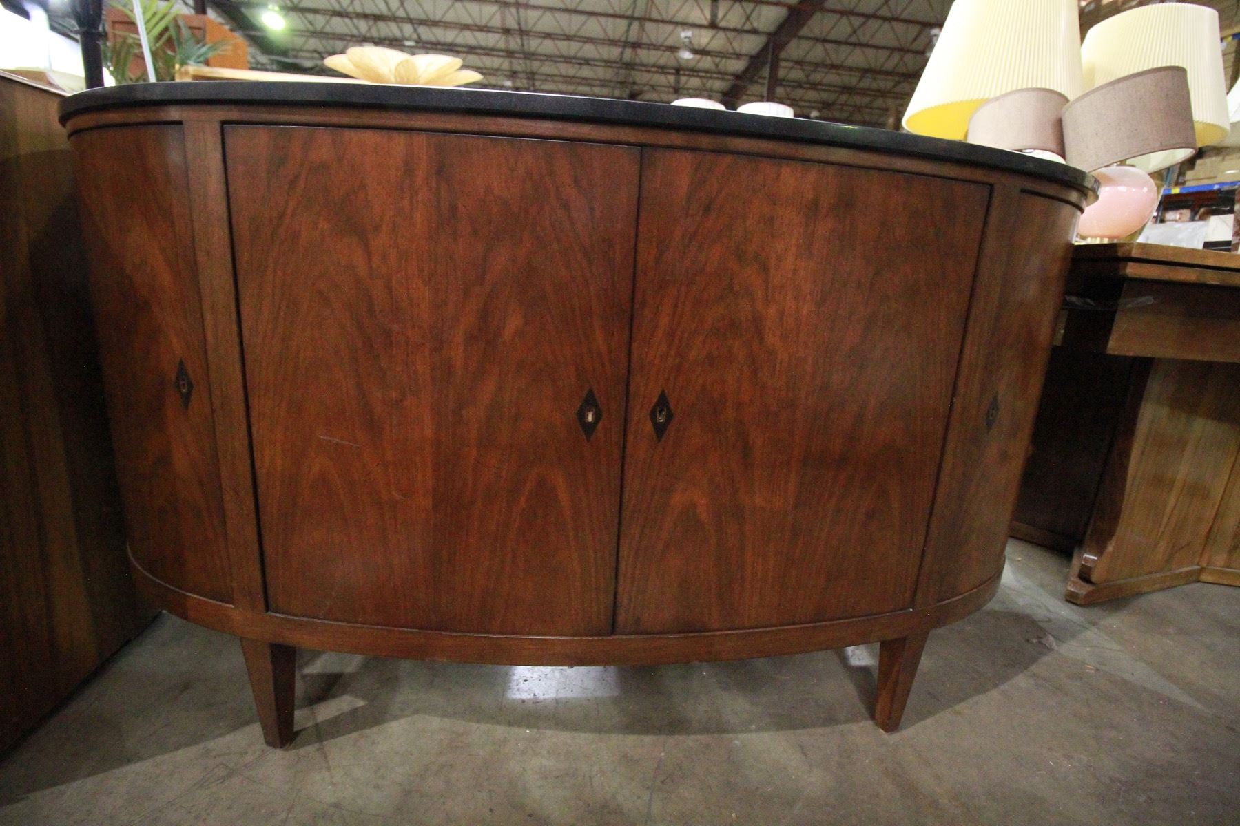 Half Moon Shape Walnut Sideboard w/Black Granite Top 64in. W