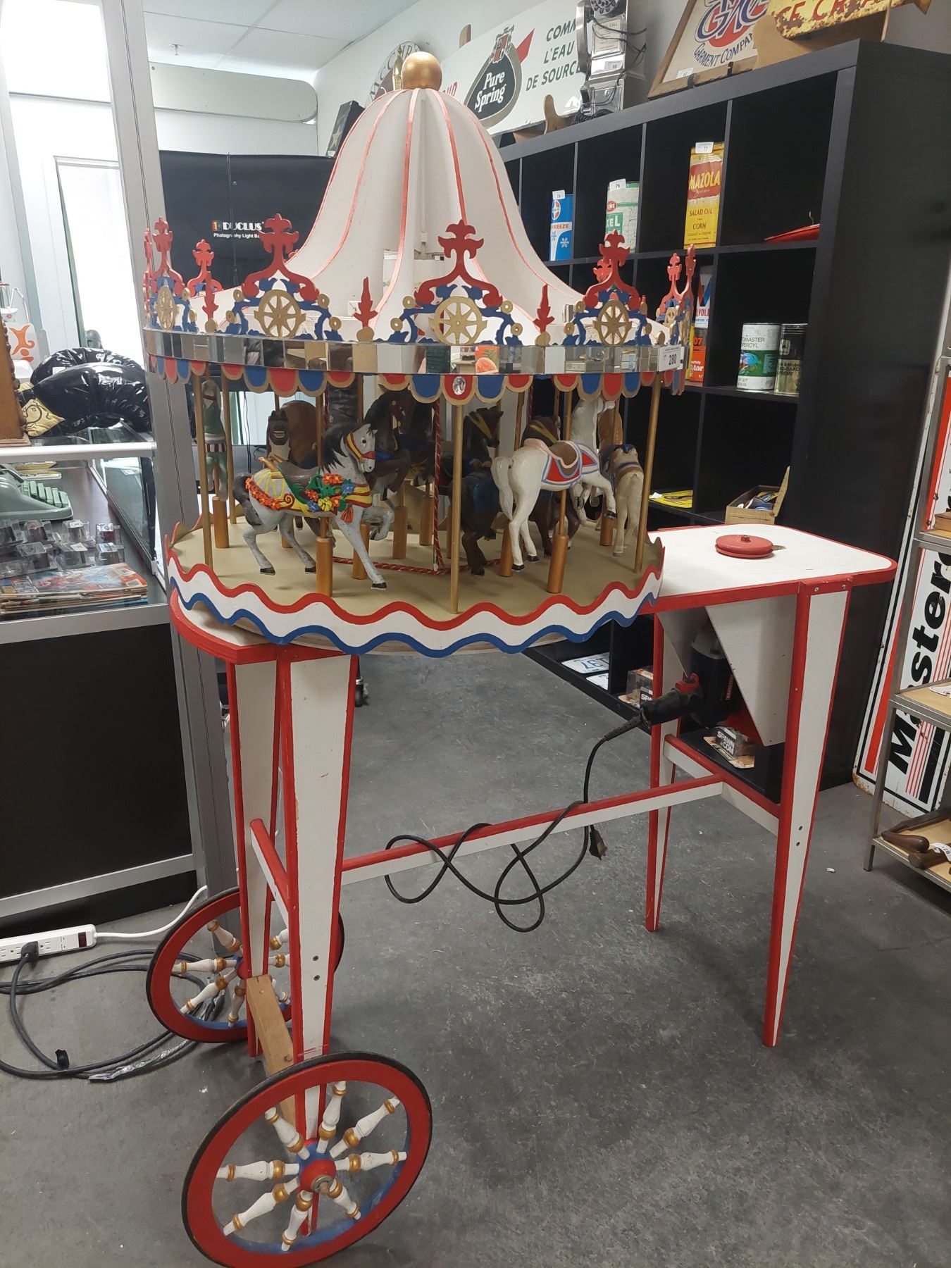 STUNNING HAND BUILT FOLK ART CAROUSEL ON STAND