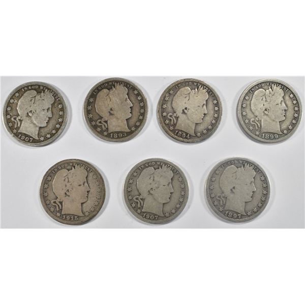 (7) MIXED DATE BARBER QUARTERS G/VG