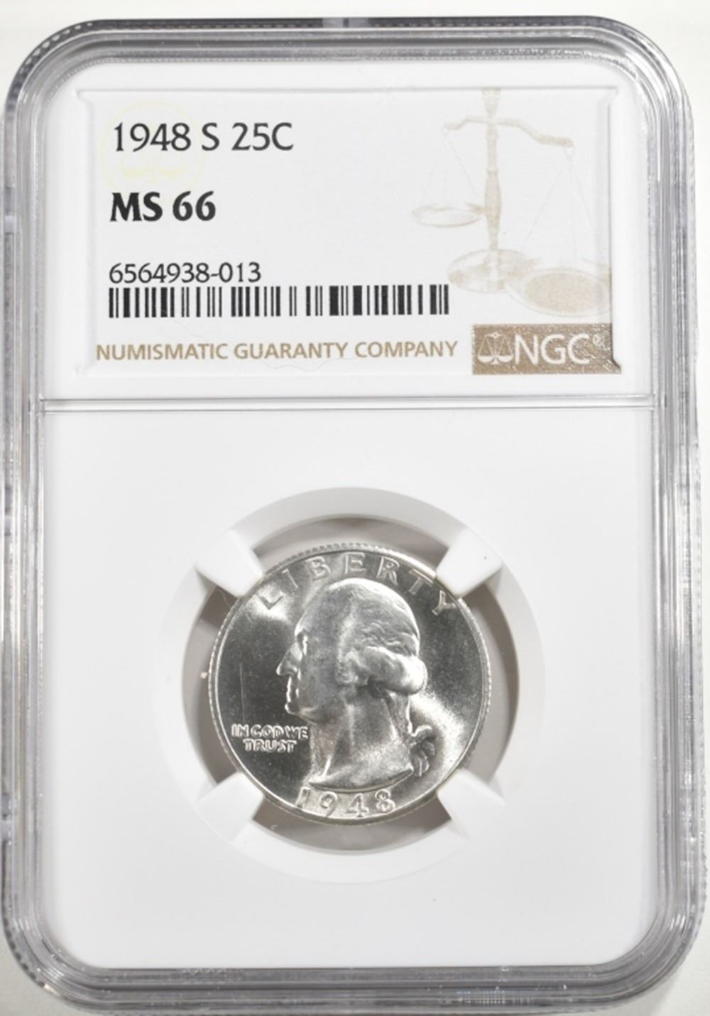 1948 S WASHINGTON QUARTER NGC MS 66
