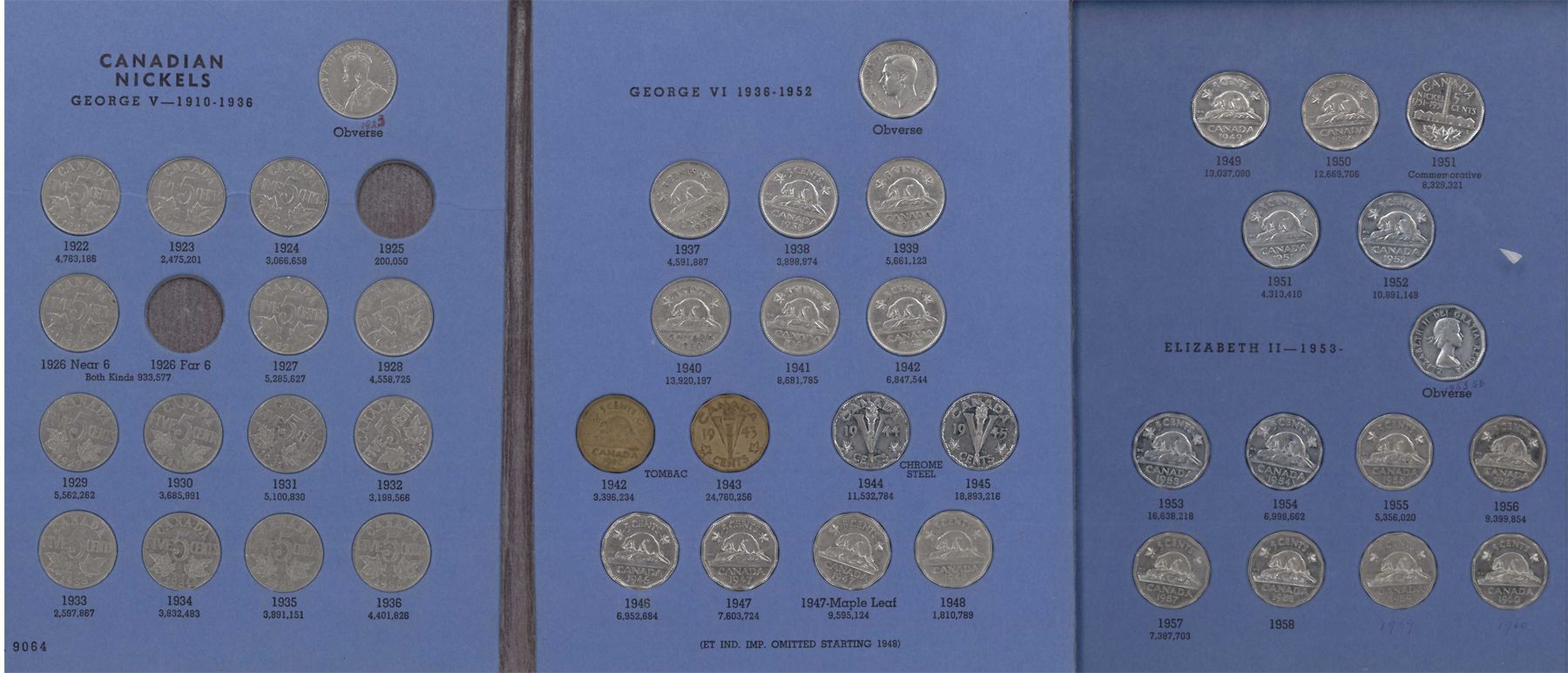 CANADIAN NICKEL COLLECTION FOLDER, 44 COINS 1923 - 1960