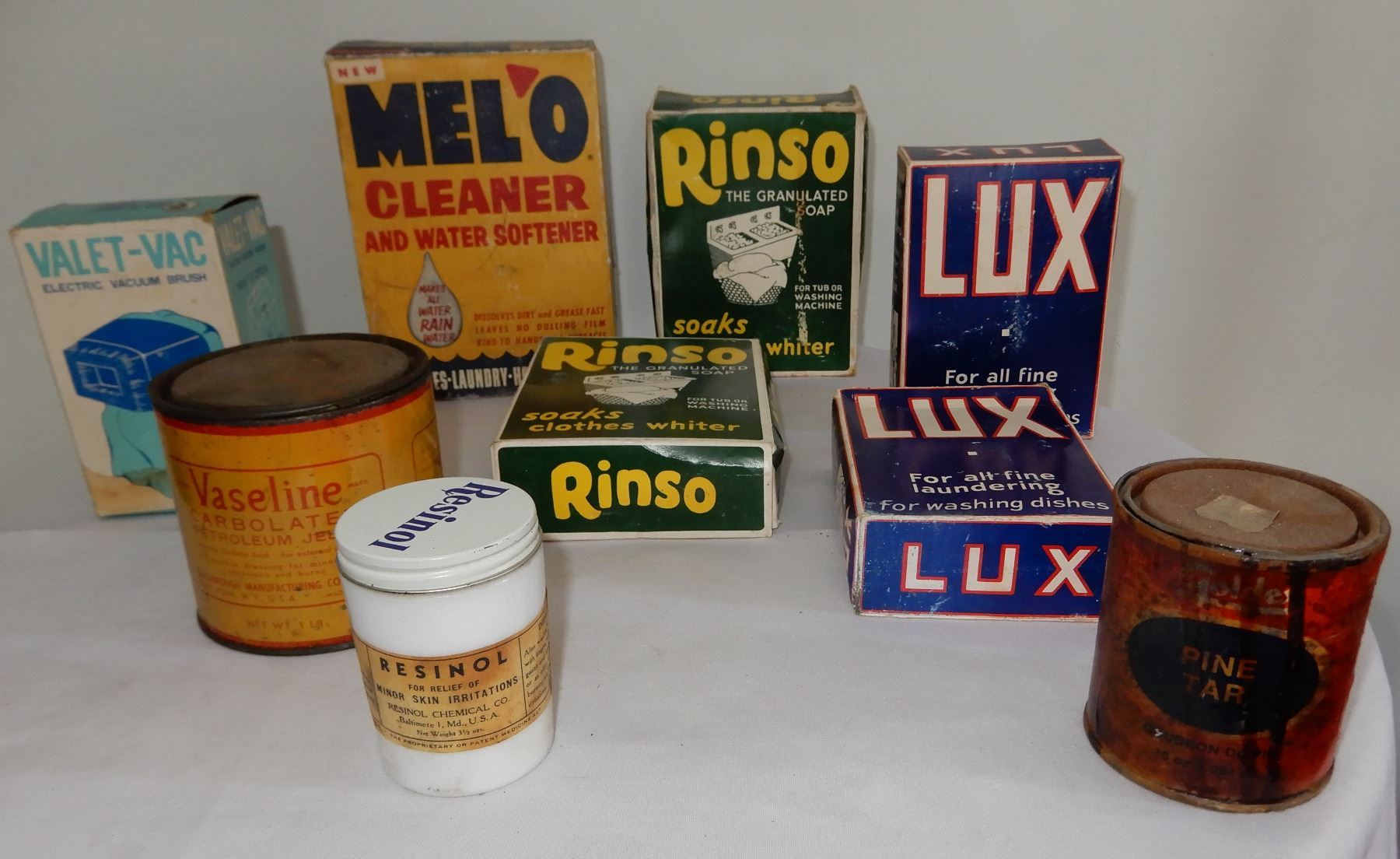 Group of assorted vintage products in original packaging
