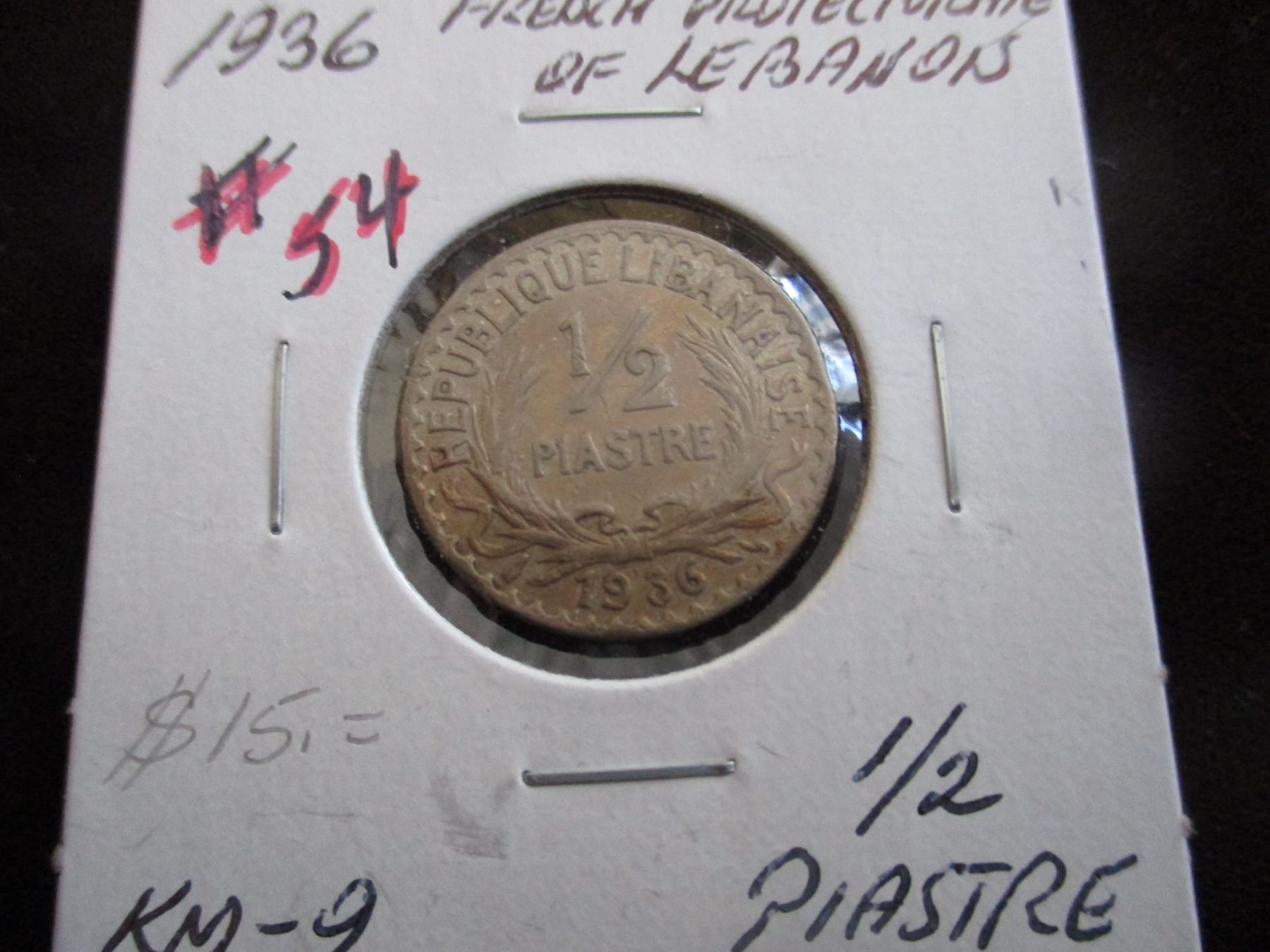 1936 FRENCH PROTECTORATE OF LEBANAN 1/2 PIASTRE