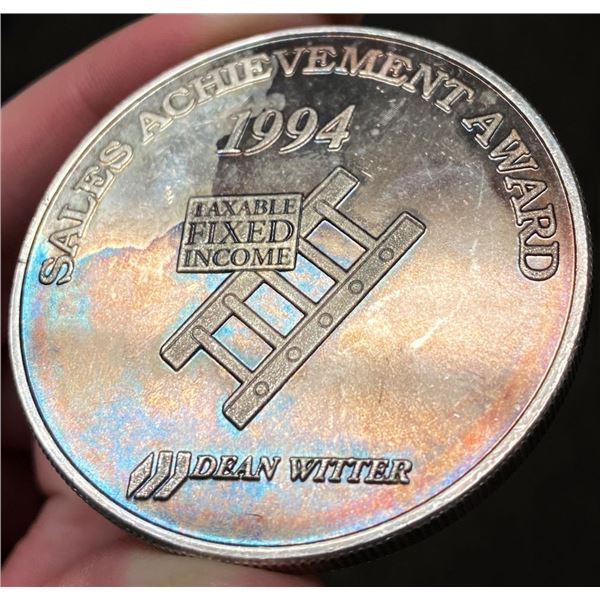 Toned Proof 1994 Sales Achievement Award Dean Witter 2 ozt .999 Silver