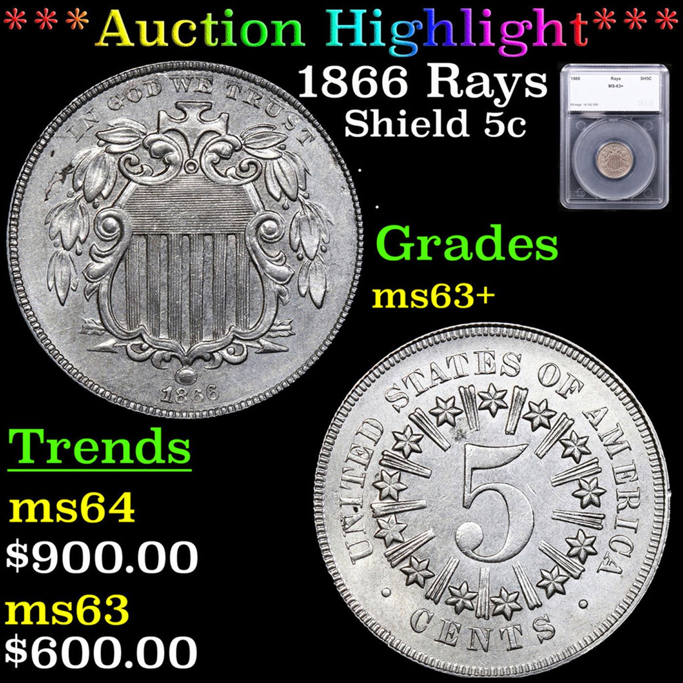 ***Auction Highlight*** 1866 Rays Shield Nickel 5c Graded ms63+ By SEGS ...