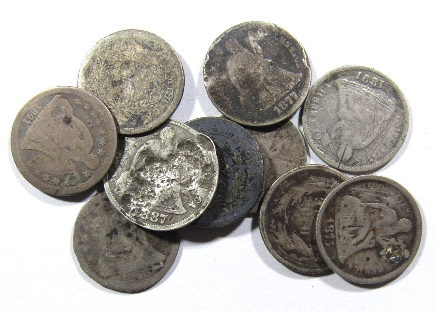 (10) SEATED DIMES - DAMAGED /LOW GRADE