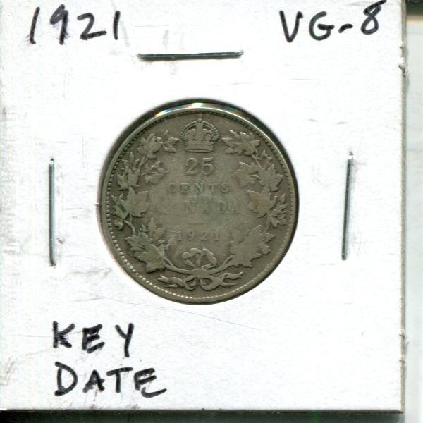 1921 Canadian Silver 25 Cents. Key Date. VG-8. - Schmalz Auctions