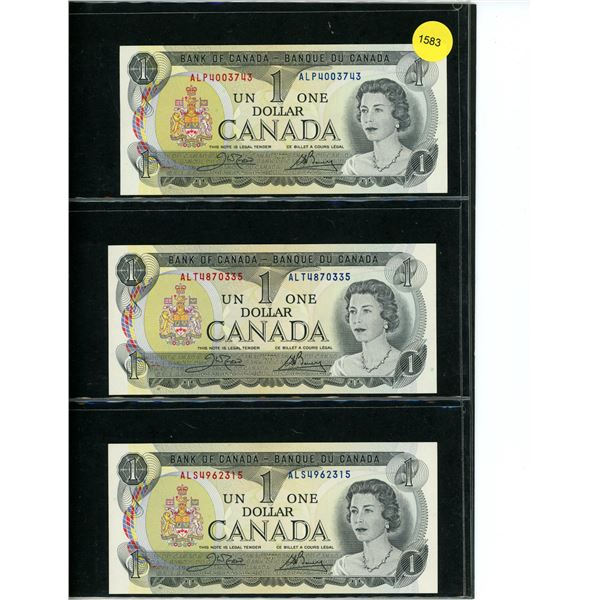 Sheet of 3 1973 Canadian One Dollar Bills
