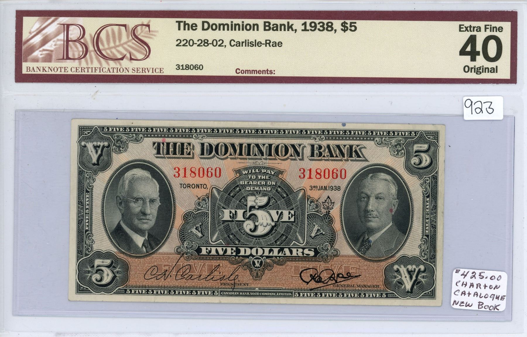 1938 Dominion Bank $5.00 bill BCS Extra Fine 40 - Schmalz Auctions