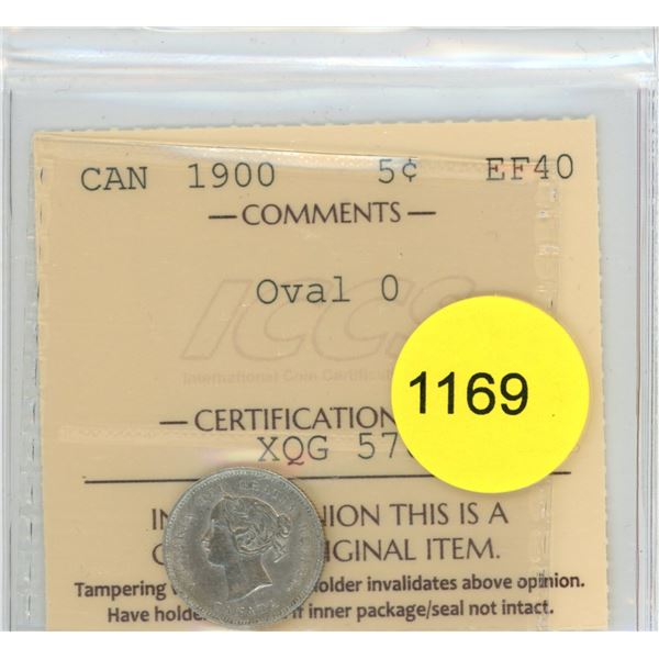 1900 Oval 0 EF40 ICCS Graded Canadian Silver Five Cent Coin - Schmalz Auctions