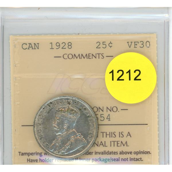 1928 VF30 ICCS Graded Canadian Twenty-Five Cent Coin - Schmalz Auctions
