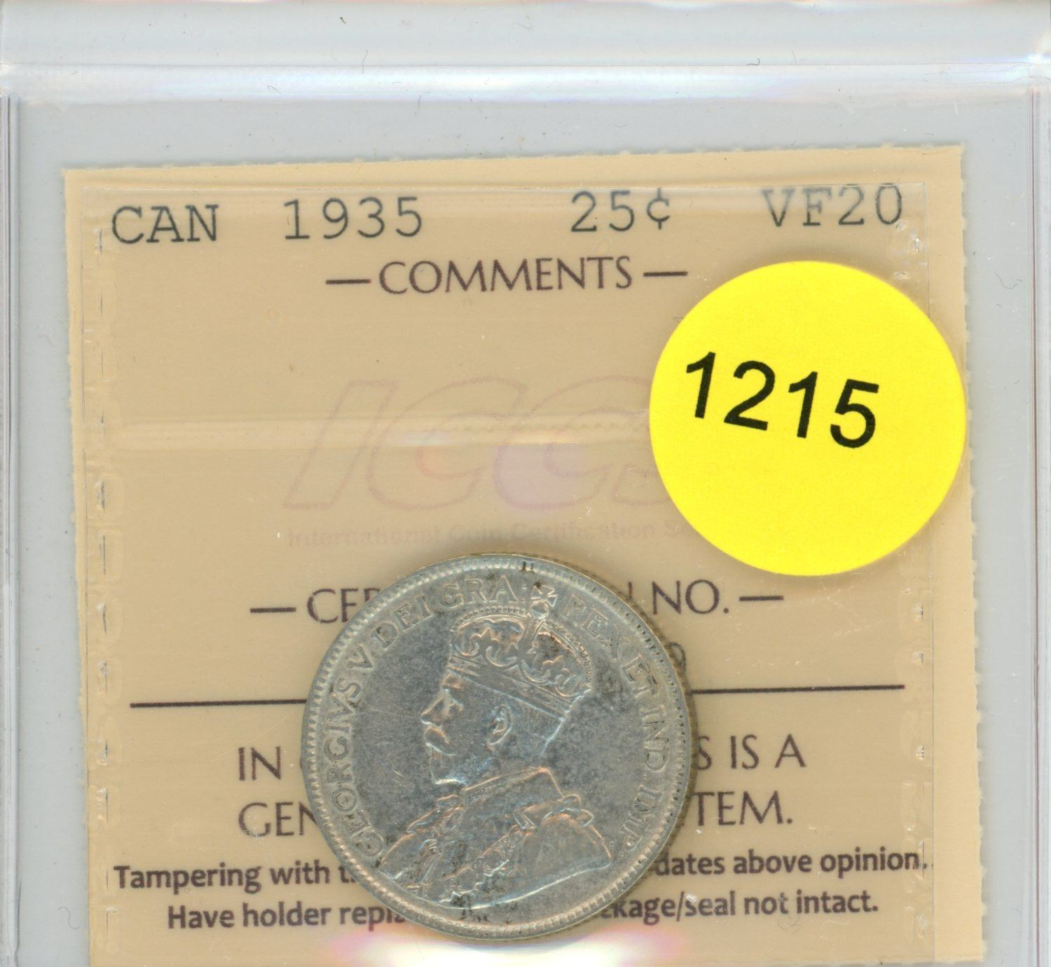 1935 VF20 ICCS Graded Canadian Twenty-Five Cent Coin - Schmalz Auctions
