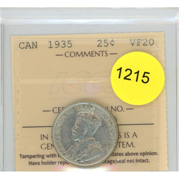 1935 VF20 ICCS Graded Canadian Twenty-Five Cent Coin - Schmalz Auctions