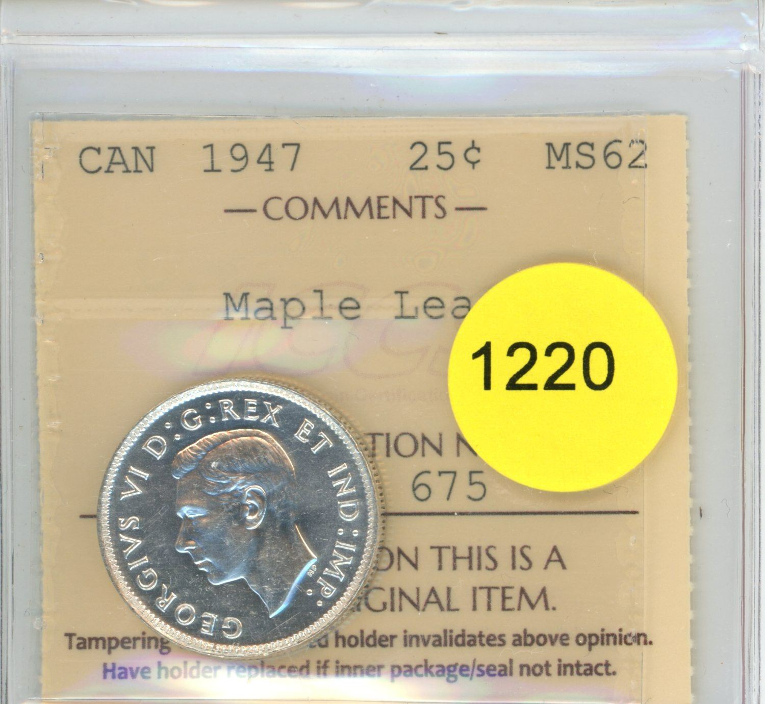 1947 ML MS62 ICCS Graded Canadian Twenty-Five Cent Coin - Schmalz Auctions