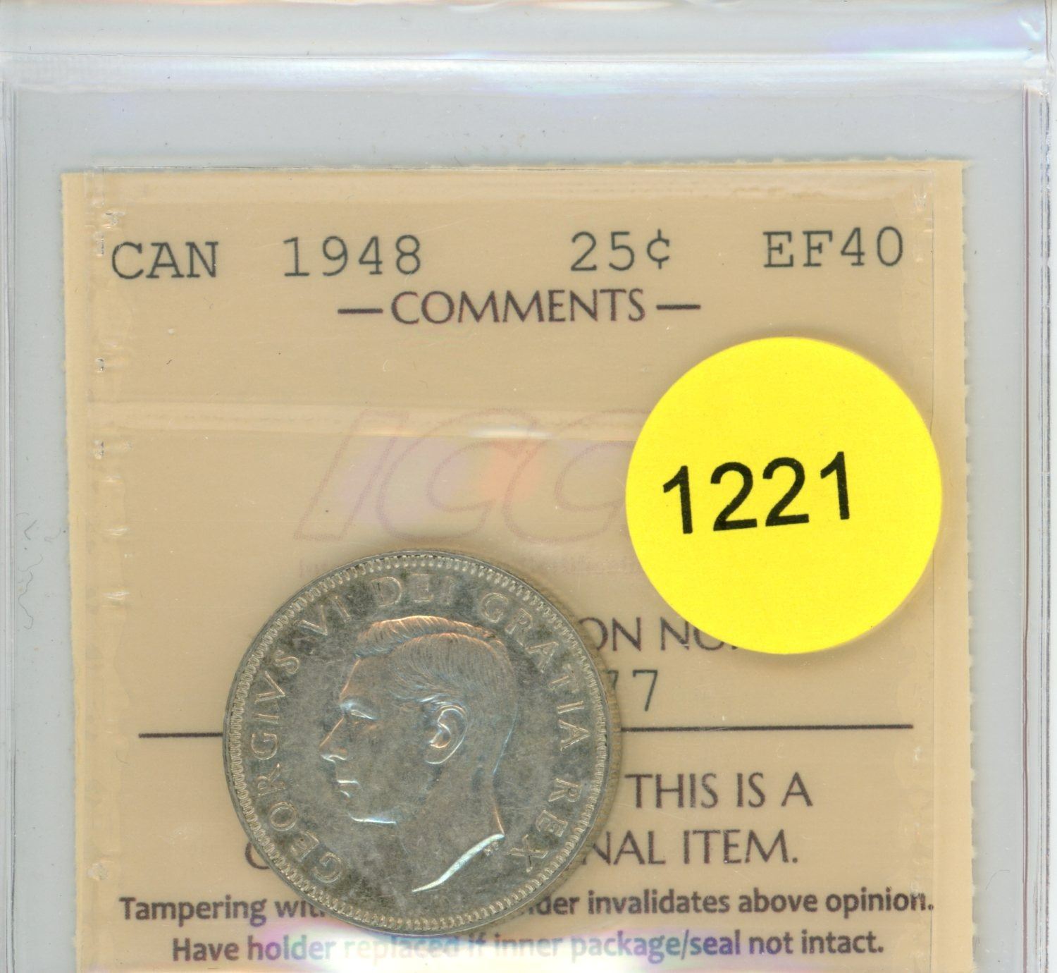 1948 EF40 ICCS Graded Canadian Twenty-Five Cent Coin - Schmalz Auctions