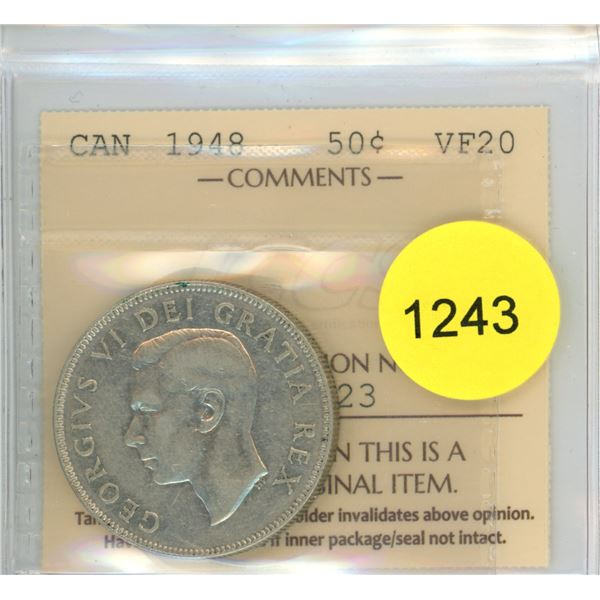 1948 VF 20 ICCS Graded Canadian Fifty Cent Coin - Schmalz Auctions