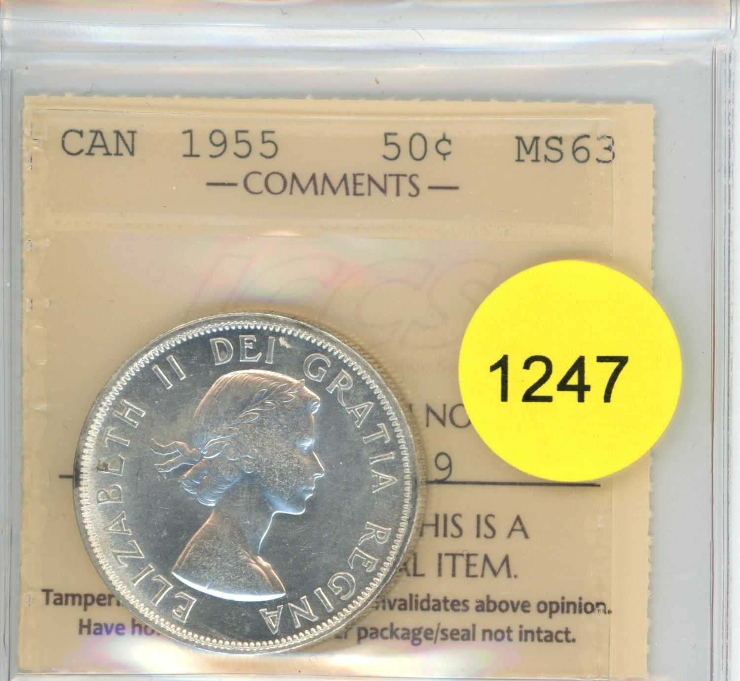 1955 MS63 ICCS Graded Canadian Fifty Cent Coin
