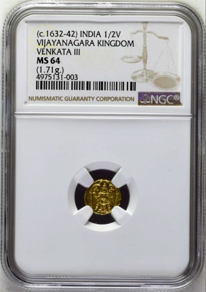 NGC Graded Very Rare Gold Half Varaha Coin of Venkatapathiraya III of ...
