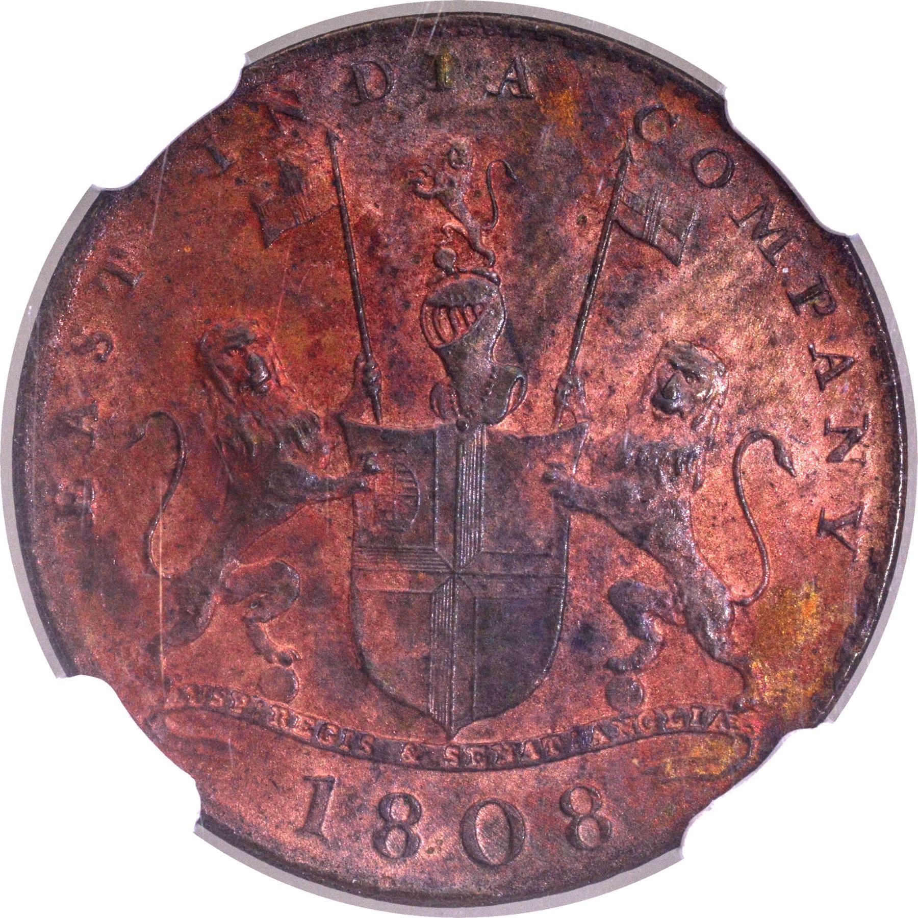 Graded & slabbed Soho Mint Copper Ten Cash 1808 AD Coin of Madras ...